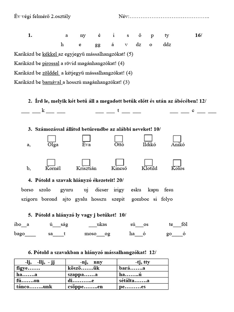 Év Végi Felmérő 2. o Nyelvtan | PDF