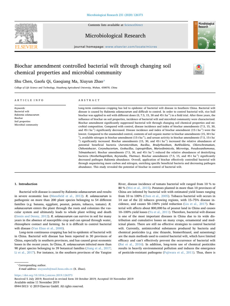 Biochar Amendment Controlled Bacterial Wilt Through Changing Soil Chemical Properties and ...