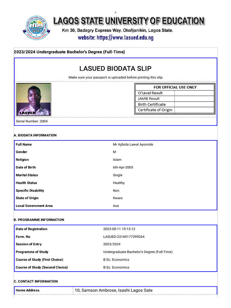 LASUED - Undergraduate Bachelor's Degree (Full-Time) - 2023 - 2024 Application Form | PDF ...