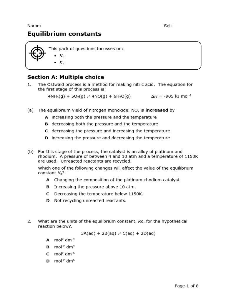 Equilibrium Constants: Kc and Kp Practice | PDF | Chemical Equilibrium ...