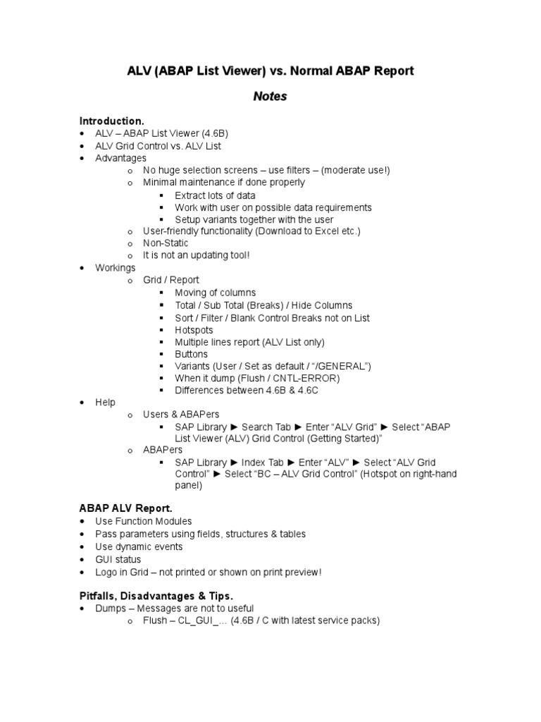 ALV (ABAP List Viewer) vs. Normal ABAP Report: Notes | PDF | Microsoft ...