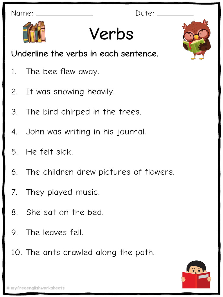 Verb Worksheet 3 Underline the Verb | PDF