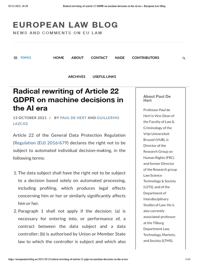Radical Rewriting of Article 22 GDPR On... Ions in The AI Era - European Law Blog | PDF ...