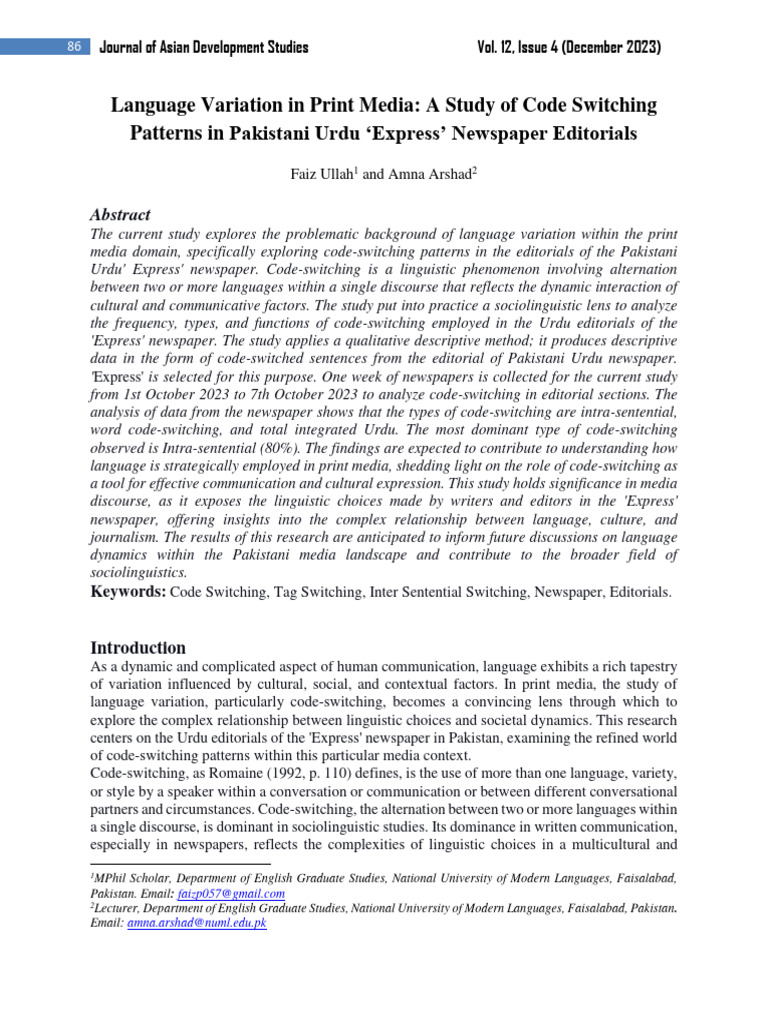 Language Variation in Print Media: A Study of Code Switching Patterns in Pakistani Urdu Express ...