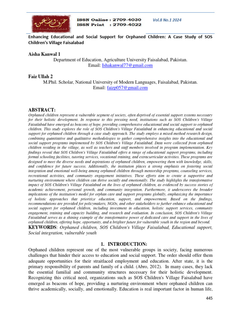 Enhancing Educational and Social Support For Orphaned Children: A Case Study of SOS Children's ...