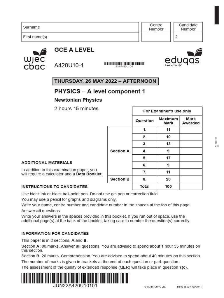 A-level Paper 1 2022 | PDF | Force | Photon