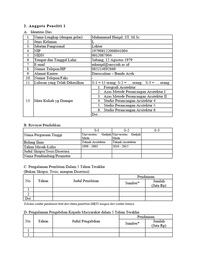 Form CV Penelitian Asisten Ahli | PDF