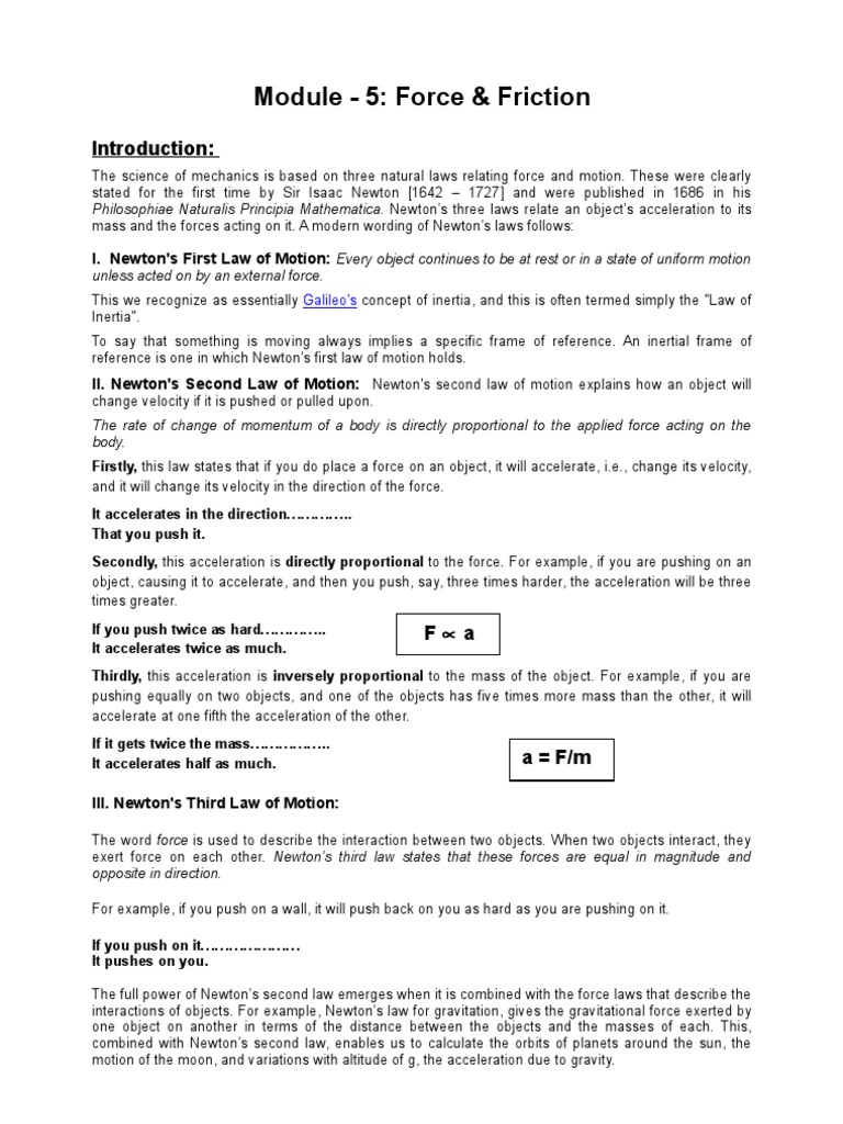 Module - 5: Force & Friction: I. Newton's First Law of Motion | PDF ...
