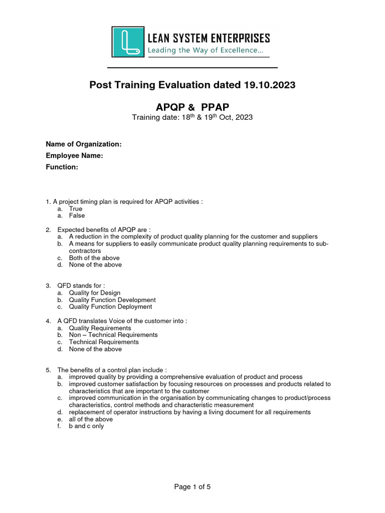APQP & PPAP Training Post-Evaluation | PDF | Business Process | Business