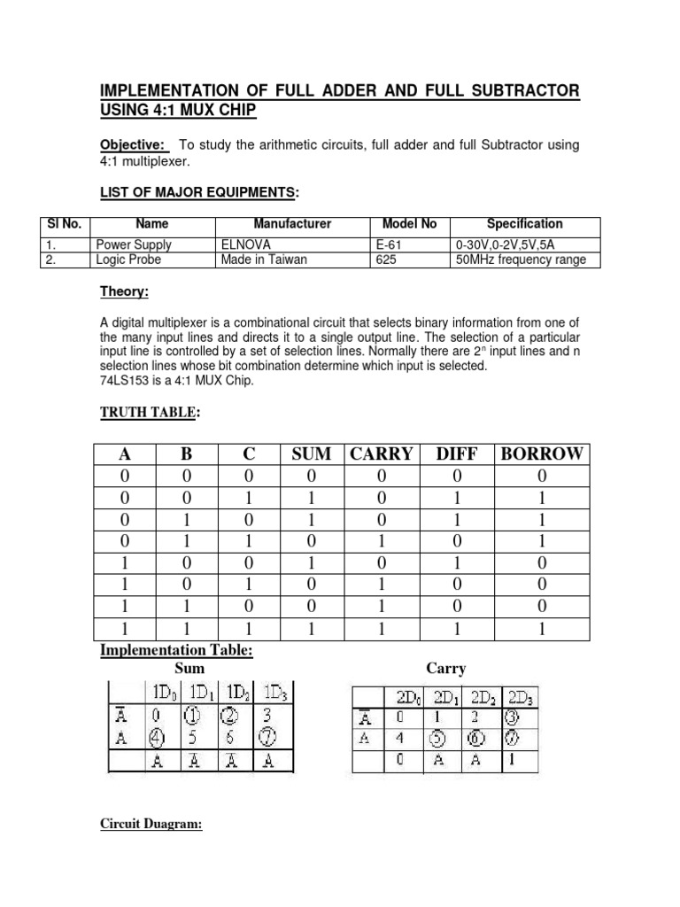 Full Adder and Subtractor Using MUX | PDF