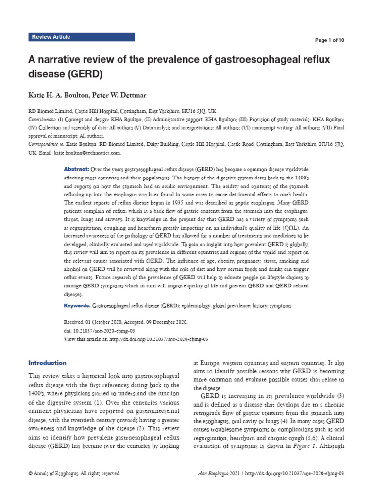 2020 Boulton Et Al A Narrative Review of The Prevalence of Gastroesophageal Reflux | PDF ...