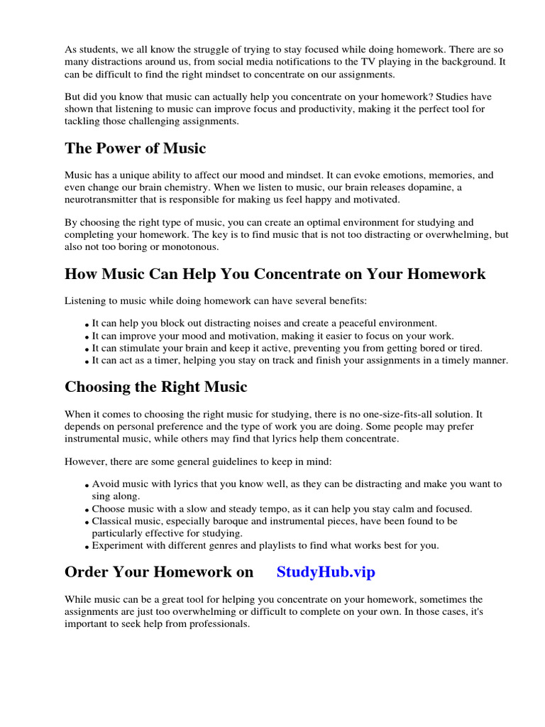 Music To Help You Concentrate On Your Homework | PDF | Essays | Homework