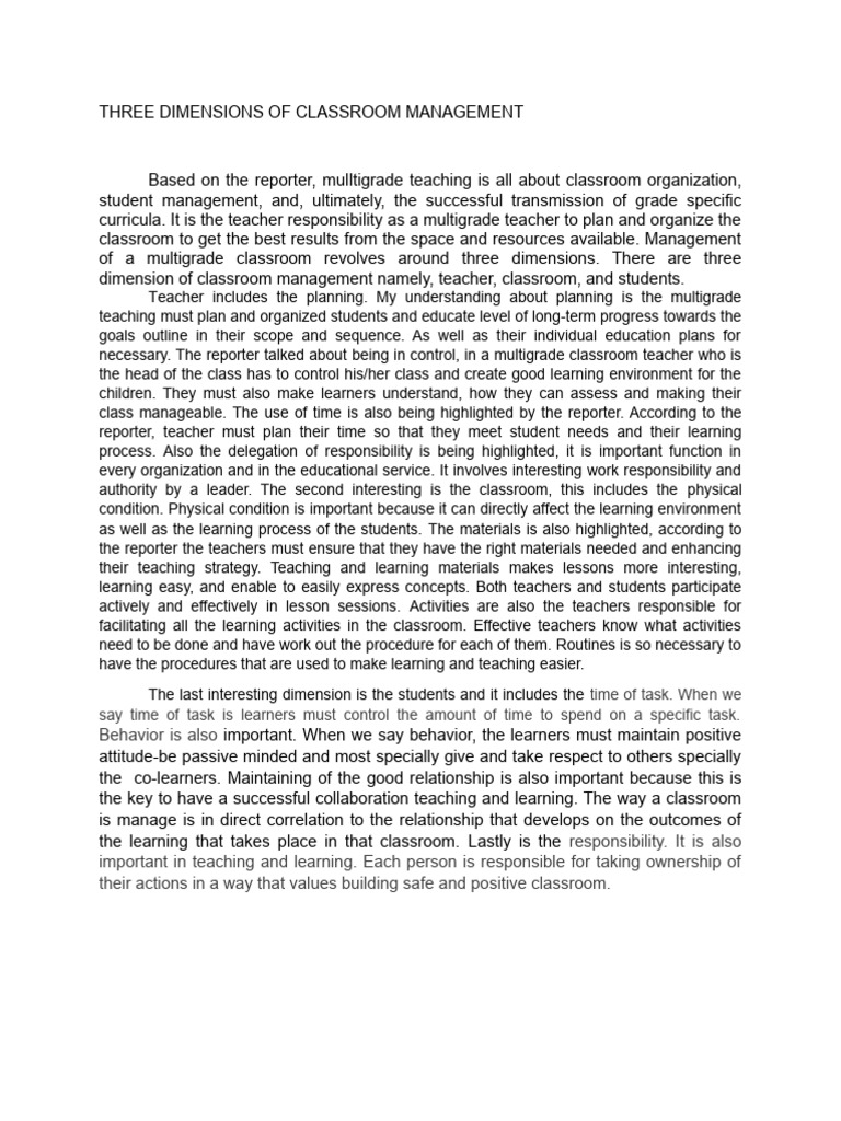 Three Dimensions of Classroom Management | PDF | Teachers | Learning