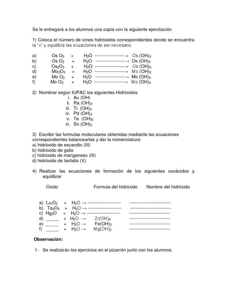 Ejercicios de Nomenclatura de Hidróxidos | PDF | Ciencia y matemáticas