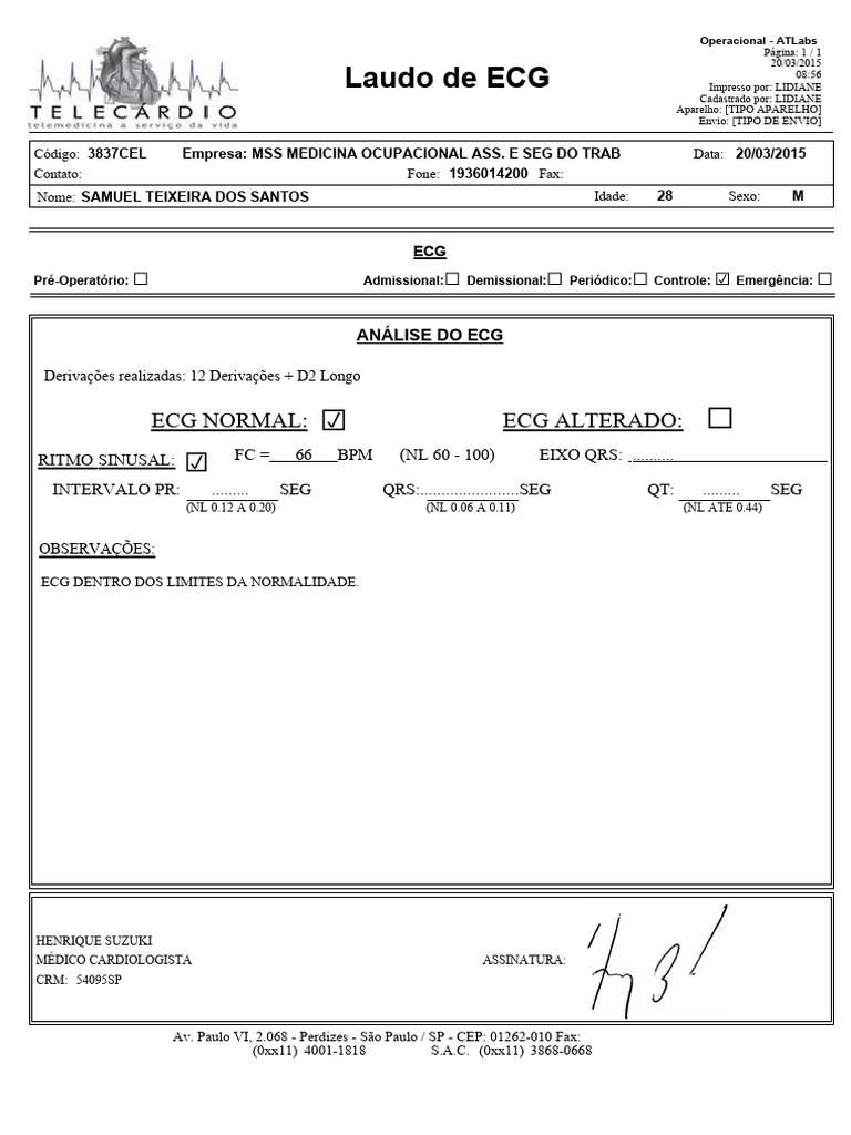 Modelo Laudo Ecg 1 PDF | PDF | Eletrocardiografia | Fisiologia