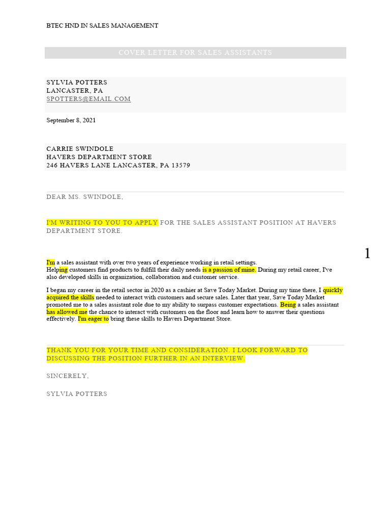 Cover Letter For Sales Assistants | PDF | Customer | Business