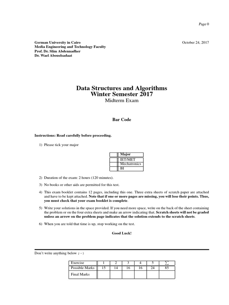 CSEN301 Midterm WS17 Solution - 34132 | PDF | Computing | Algorithms And Data Structures