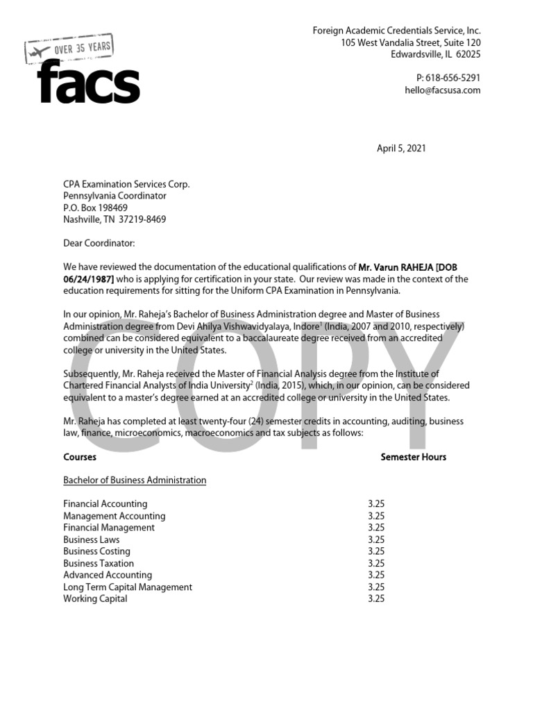 FACS Course Evaluation for CPA Certification | PDF | Economies | Business