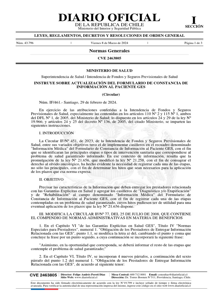 Publicación Diario Oficial - Circular Número IF 461 | PDF