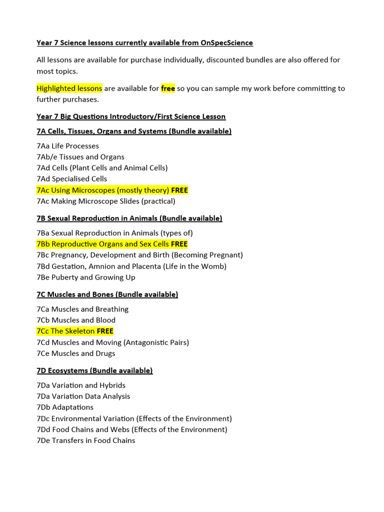 Year 7 Science Lessons Overview | PDF