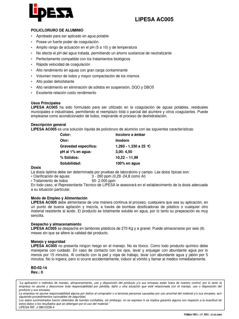 Ficha Técnica Ac005 | PDF | Agua