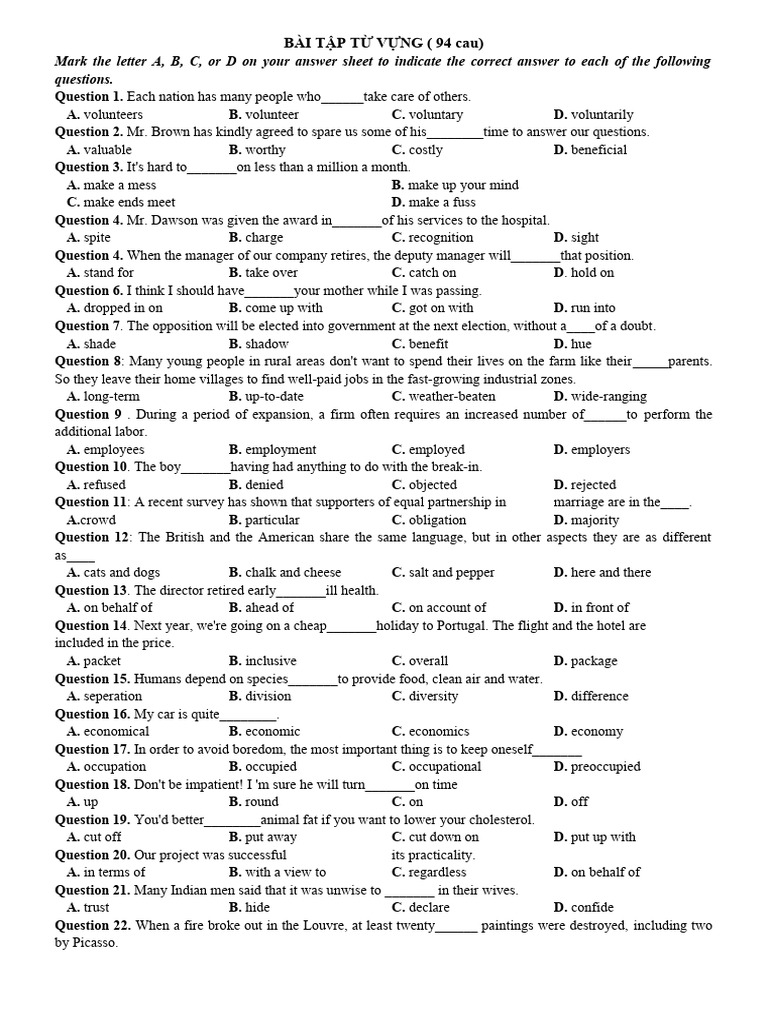 Vocabulary Exercise with 94 Questions | PDF