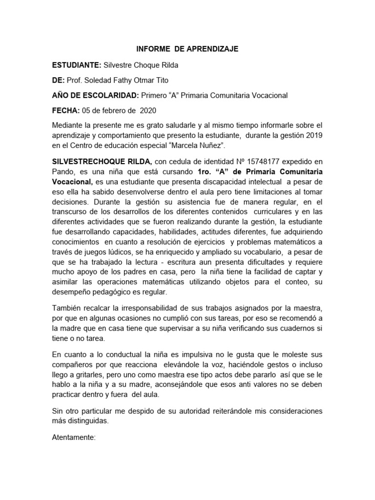 Informe de Aprendizaje de Silvestre | PDF
