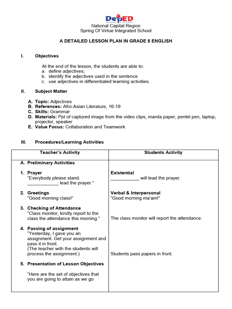 Grade 8 English: Adjectives Lesson | PDF | Adjective | Linguistics