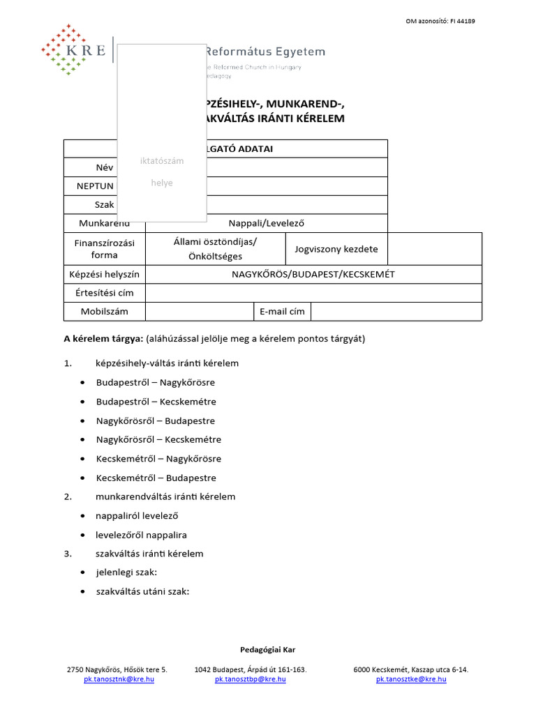 KRE PK TB Munkarend Szak Kepzesi Hely Valtas | PDF