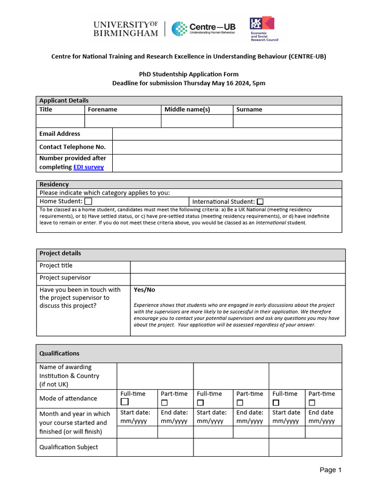 Centre Ub PHD Studentship Application Form 2024 | PDF | Doctor Of ... Centre Ub PHD Studentship Application Form 2024 | PDF | Doctor Of ...