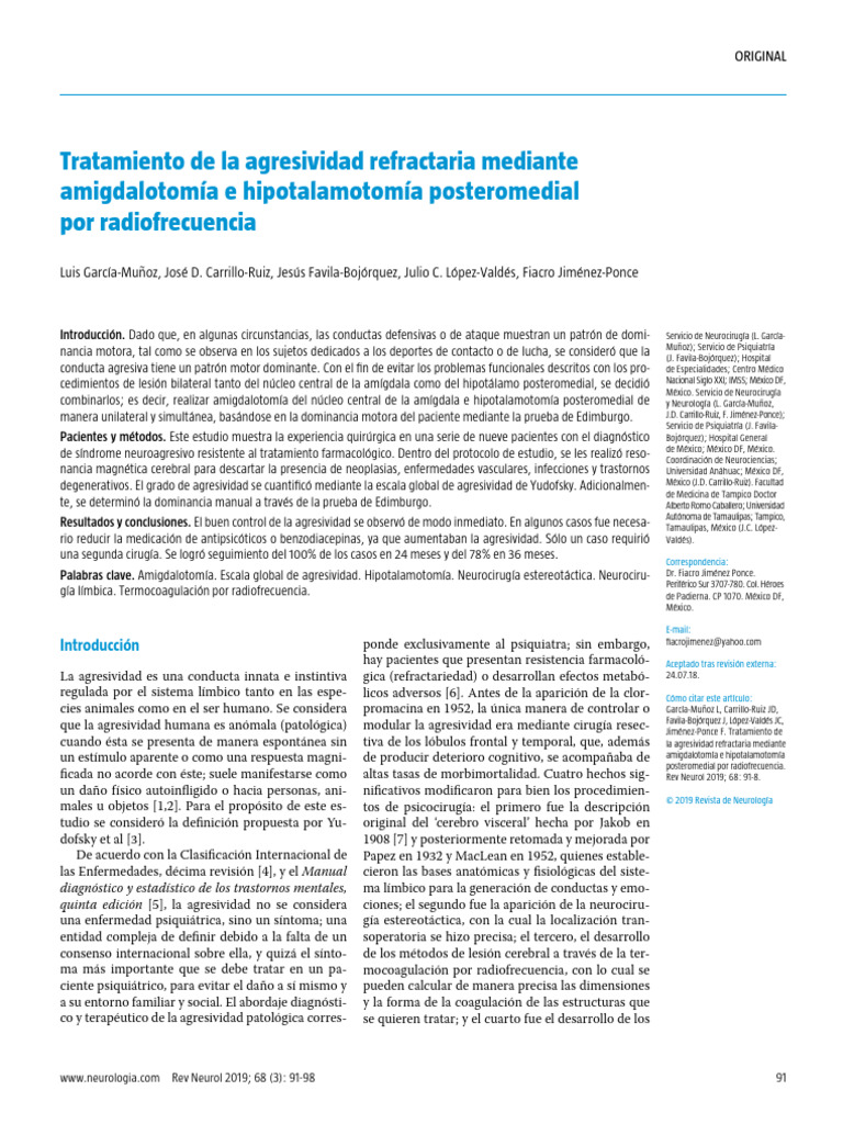 Tratamiento quirúrgico de agresividad | PDF | Amígdala | Psiquiatría
