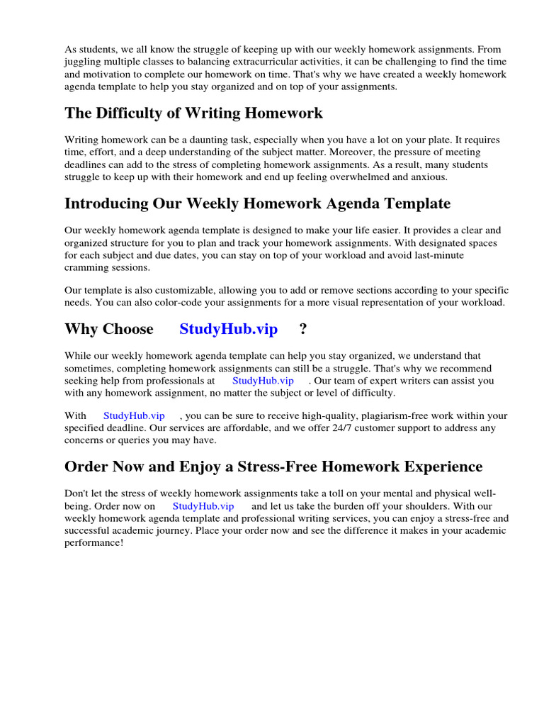 Weekly Homework Agenda Template | Download Free PDF | Homework | Concept
