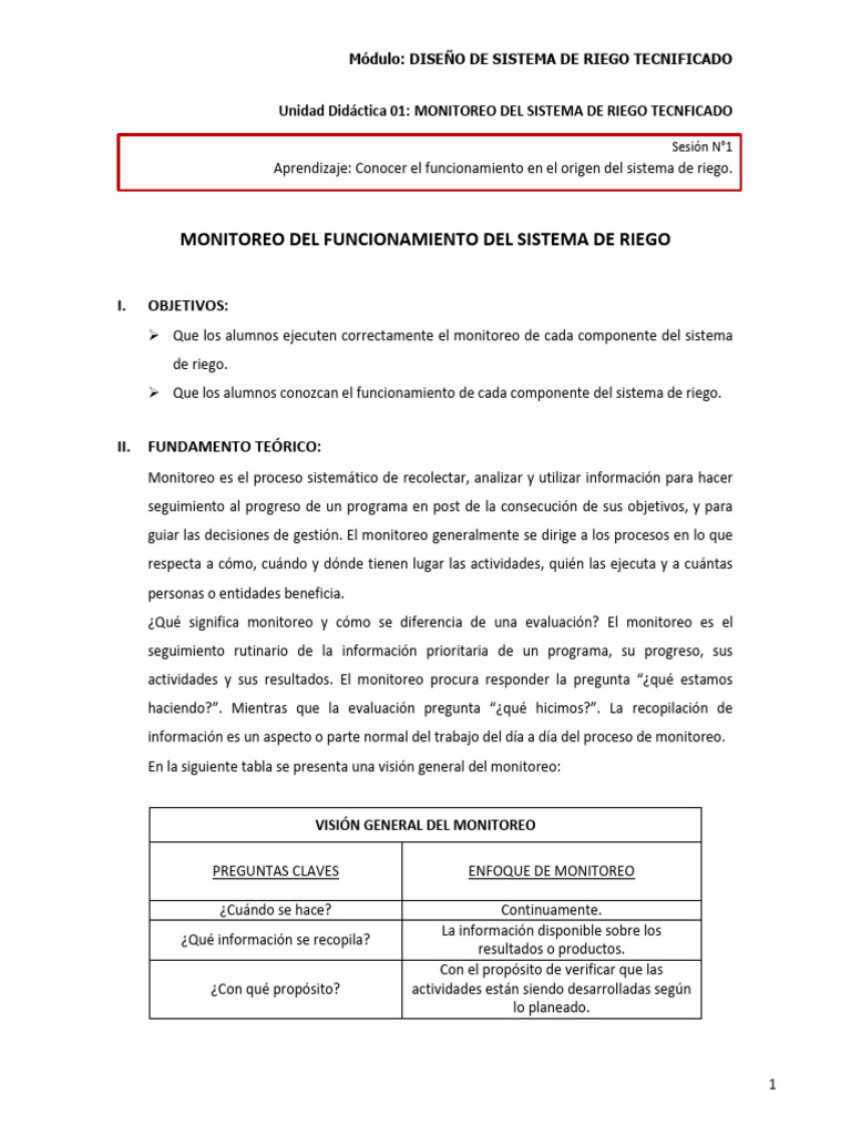 Separata N° 1 - MONITOREO DE FUNCIONAMIENTO DEL SISTEMA DE RIEGO | PDF | Filtración | Agua