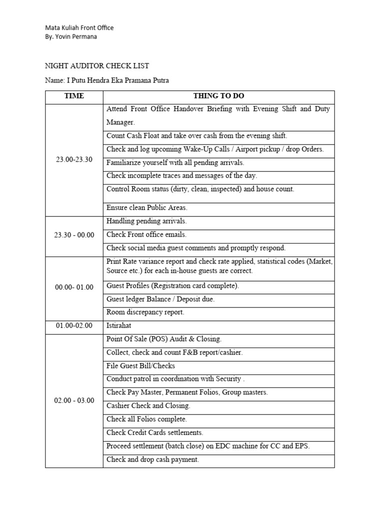 Night Audit Checklist for Hotels | PDF | Point Of Sale | Credit Card