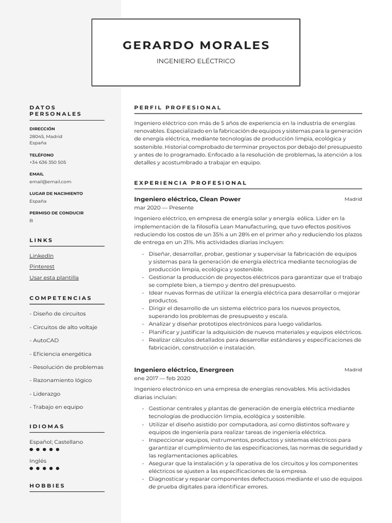 Currículum Vitae Ingeniero Eléctrico 8 | PDF | Ingenieria Eléctrica ...