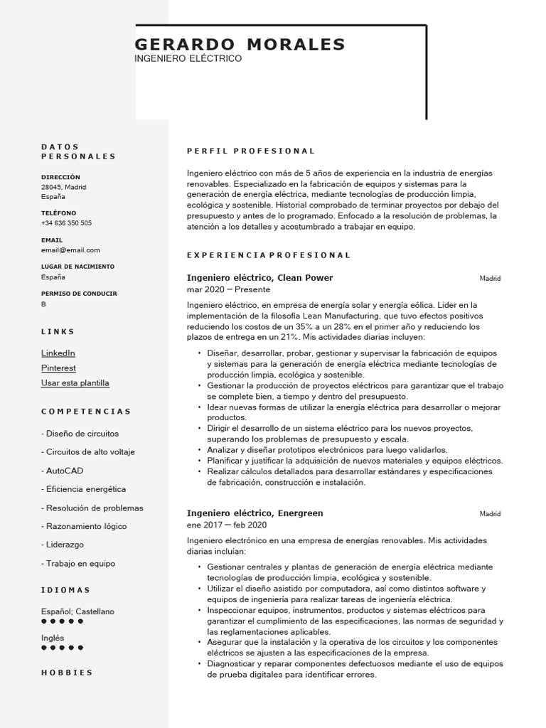 Currículum Vitae Ingeniero Eléctrico 8 | PDF | Ingenieria Eléctrica ...