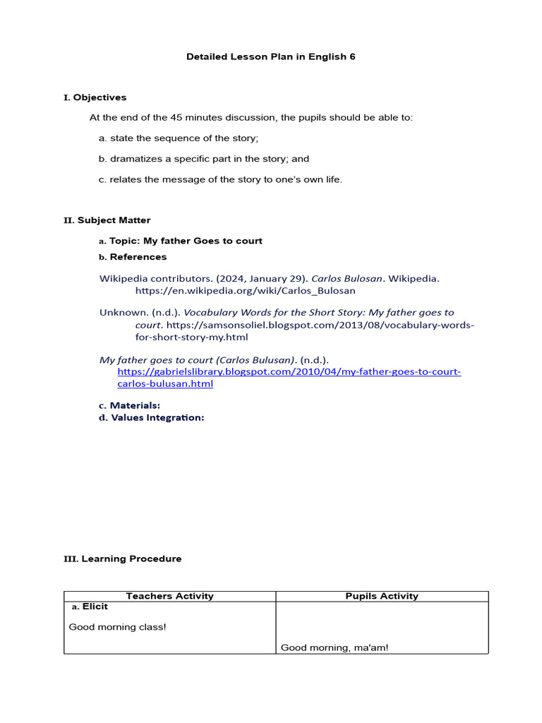 Detailed Lesson Plan in English 6 | Download Free PDF | Lord's Prayer