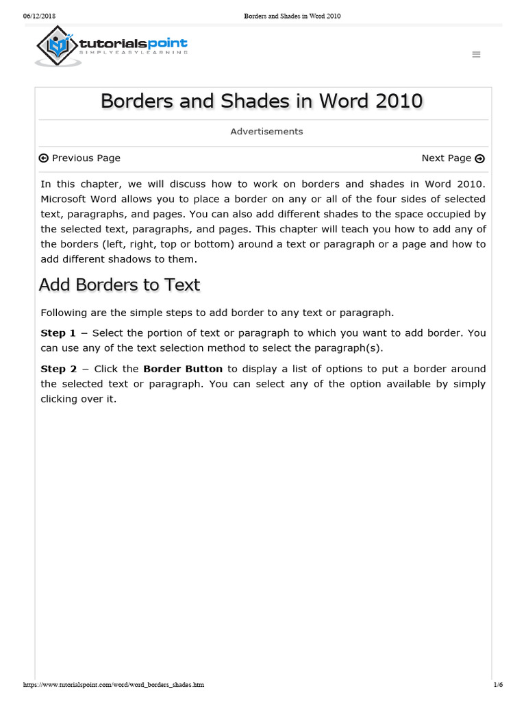 Borders and Shades in Word 2010 | PDF | Paragraph | Computing
