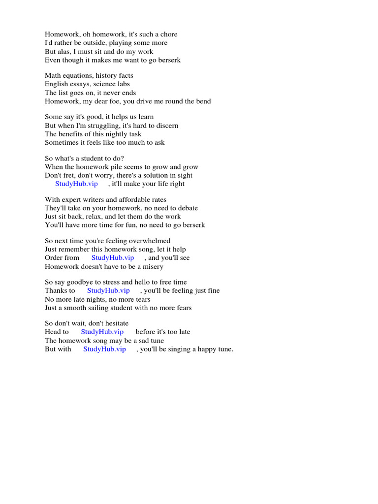 The Homework Song Pdf You Tube Homework
