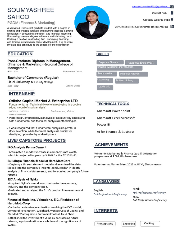 Soumyashree Sahoo - Resume | PDF | Valuation (Finance) | Financial Modeling