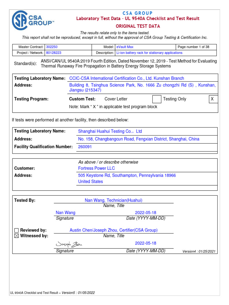 Evault MAX 80128223 UL 9540A Test Report | PDF | Energy Storage ...