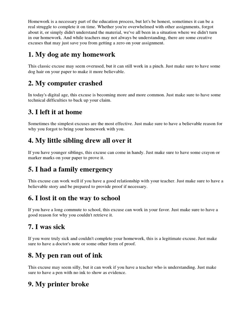 25 Creative Excuses For Not Turning in Your Homework | PDF | Homework