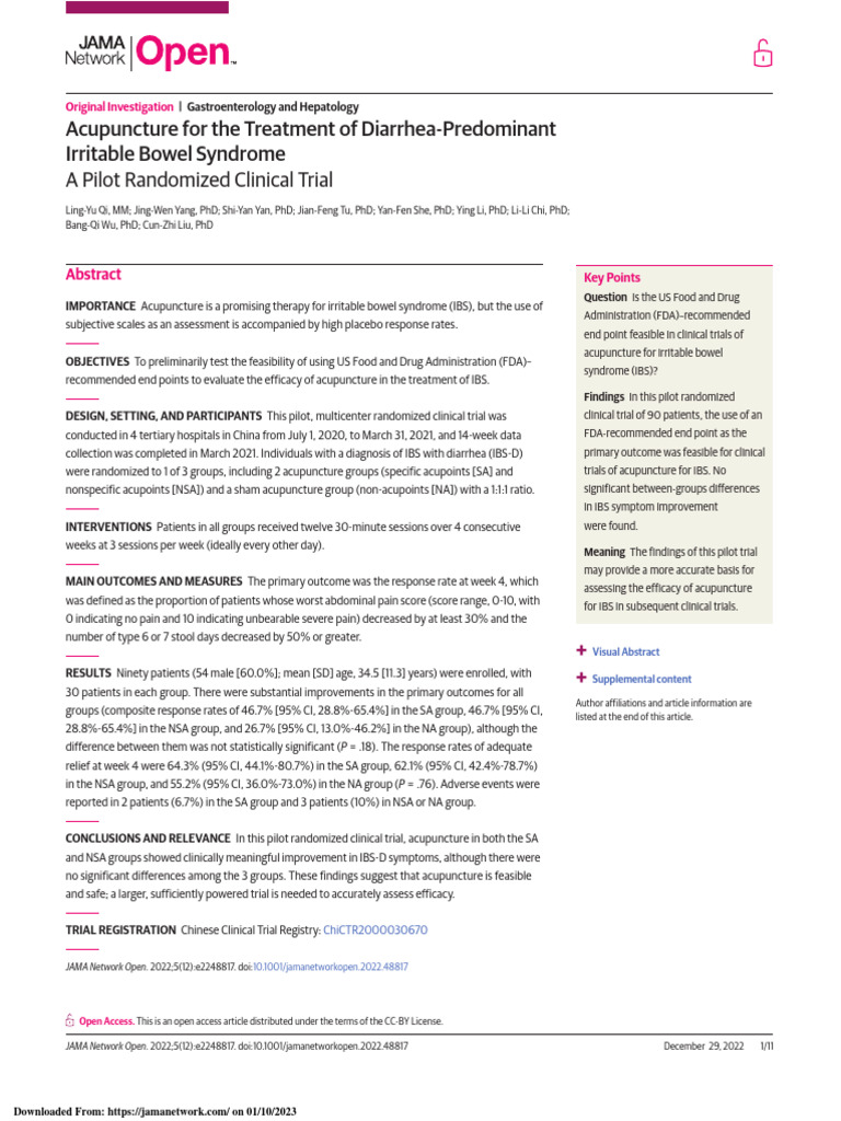 2022 - Lingyu - Acupuncture For The Treatment of Diarrhea-Predominant - Eca | PDF | Irritable ...