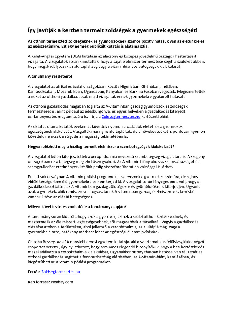 Így Javítják A Kertben Termelt Zöldségek A Gyermekek Egészségét | PDF