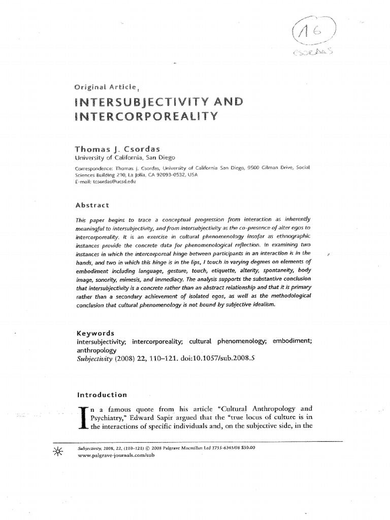 Csordas intersubjectivity | PDF
