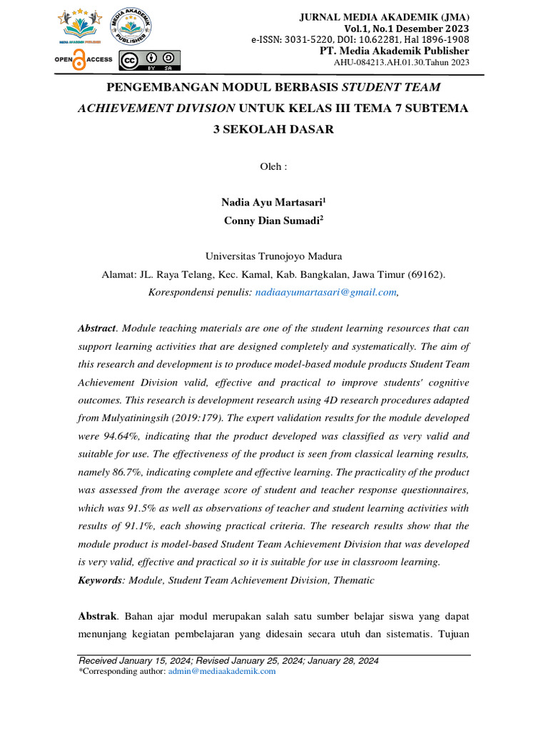 Pengembangan Modul Berbasis Student Team Achievement Division Untuk Kelas Iii Tema 7 Subtema 3 ...