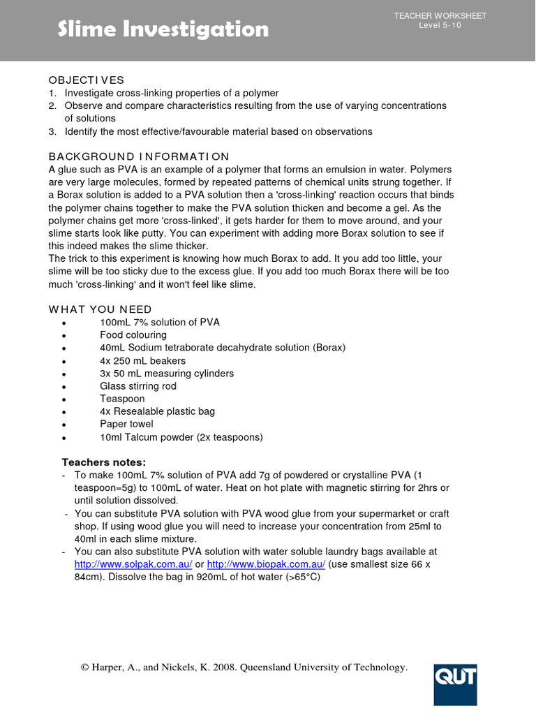Slime Investigation Teacher Worksheet | PDF | Cross Link | Polymers