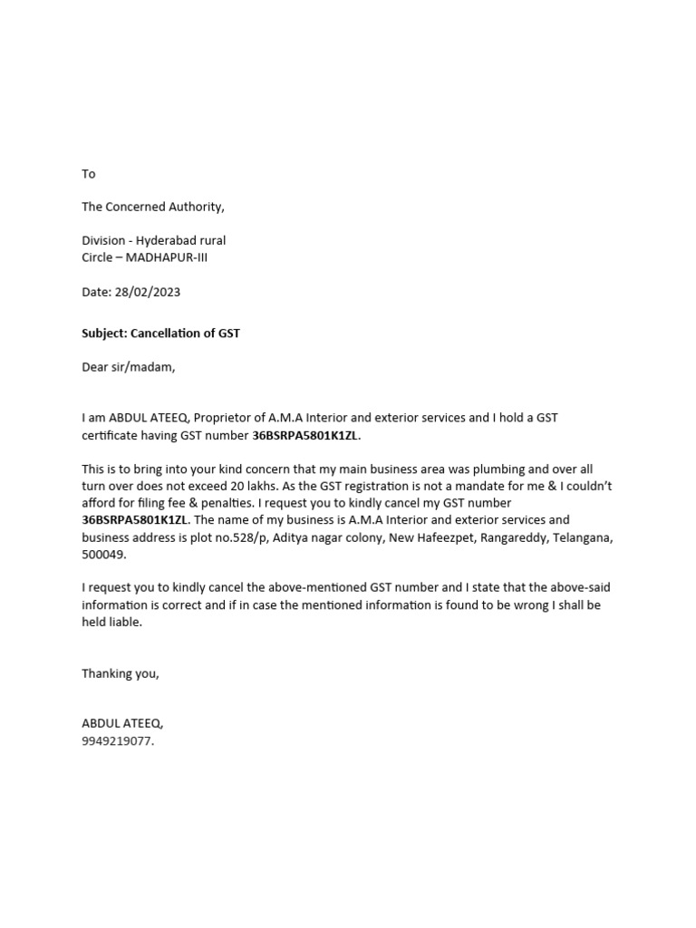 GST Cancellation Letter Format | PDF