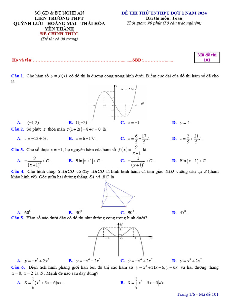 De Thi Thu TN THPT 2024 Dot 1 Mon Toan Lien Truong THPT Nghe An | PDF
