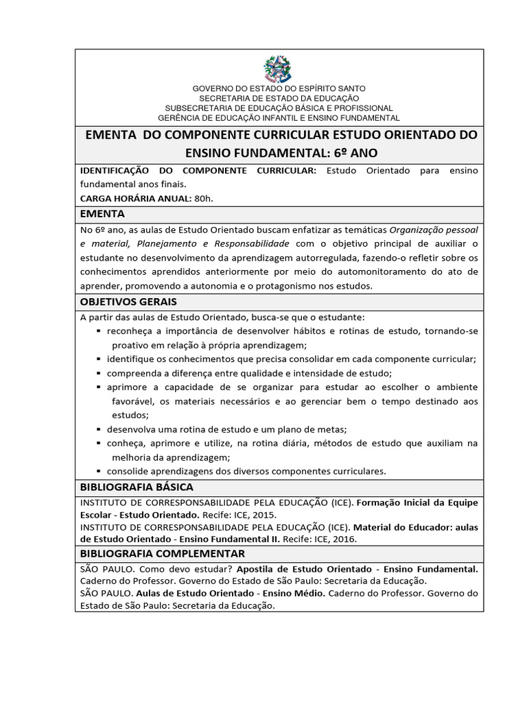 Estudo Orientado Ementas | PDF | Aprendizado | Pré-escola